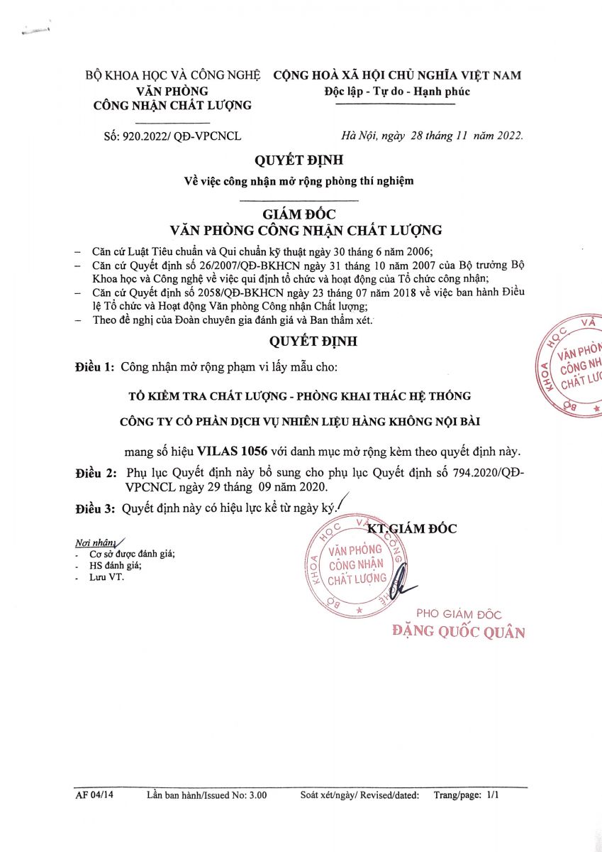Phòng thử nghiệm của NAFSC được công nhận mở rộng thêm chỉ tiêu lấy mẫu theo phương pháp ASTM ...