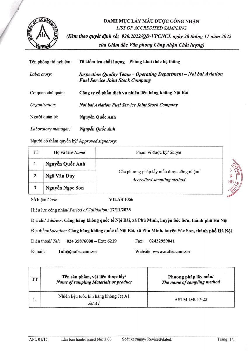 Phòng thử nghiệm của NAFSC được công nhận mở rộng thêm chỉ tiêu lấy mẫu theo phương pháp ASTM ...